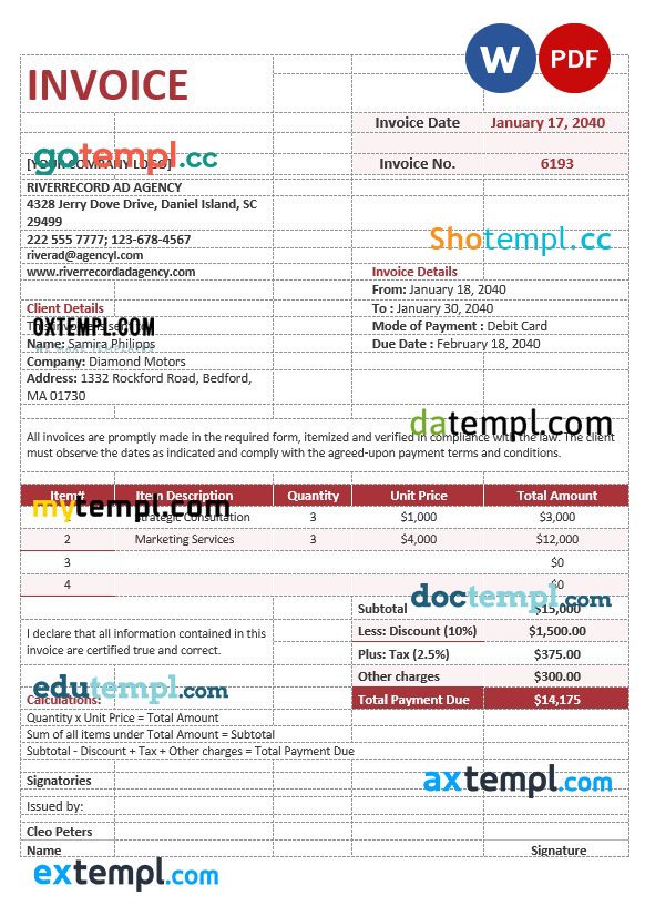 Sample Advertising Agency Invoice template in word and pdf format