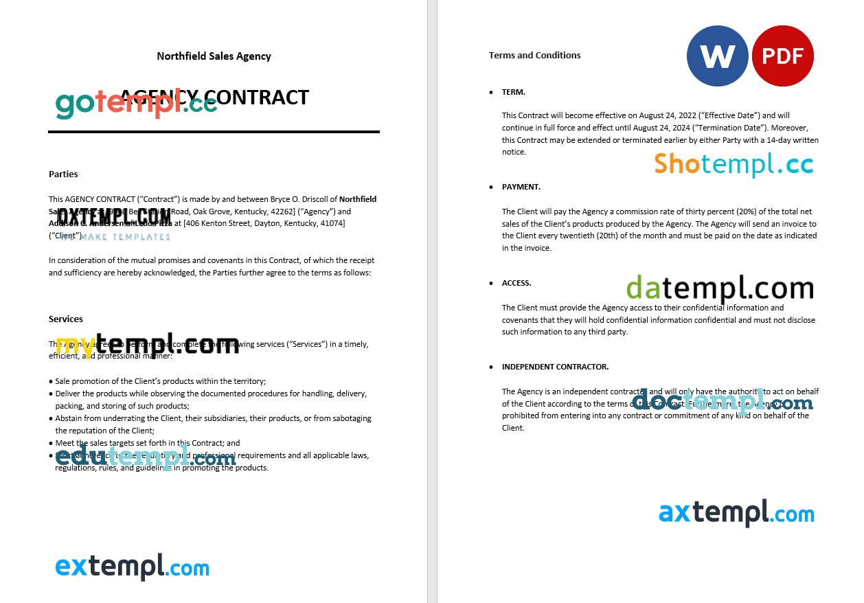 free sample agency contract template, Word and PDF format