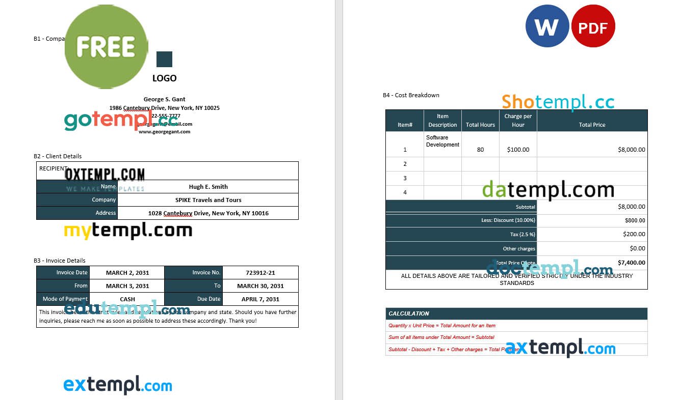 Sample Freelance Invoice template in word and pdf format
