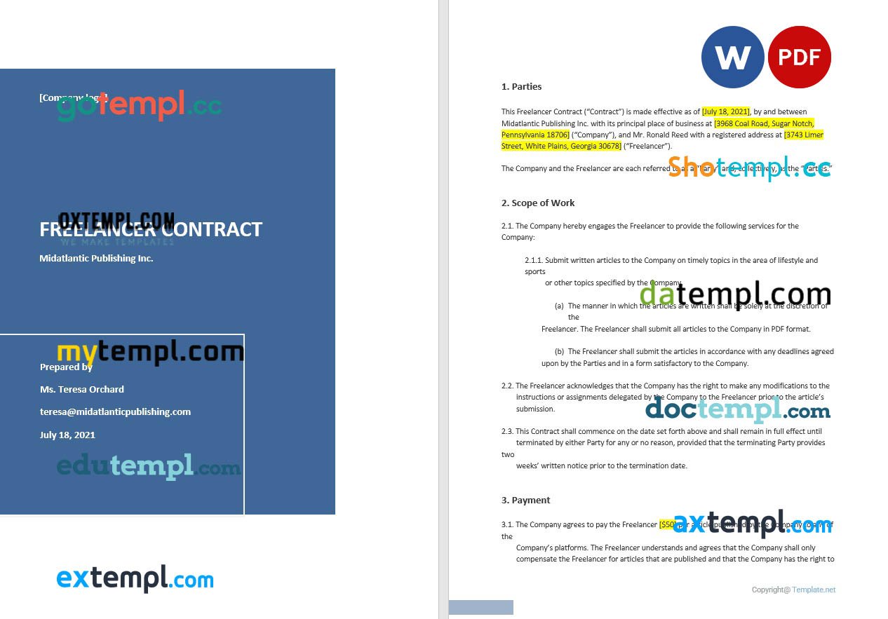 free sample freelancer contract template, Word and PDF format