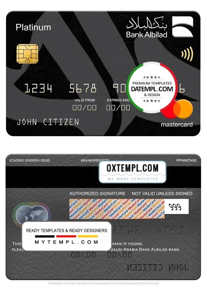 Saudi Arabia Bank Albilad bank mastercard platinum, fully editable ...