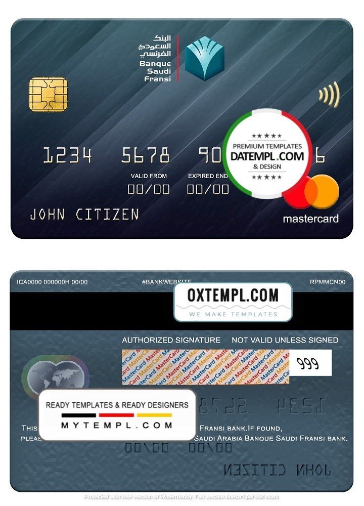 Saudi Arabia Banque Saudi Fransi bank mastercard, fully editable ...