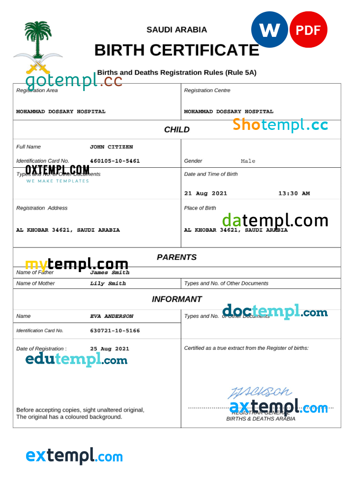 Saudi Arabia birth certificate Word and PDF template, completely editable