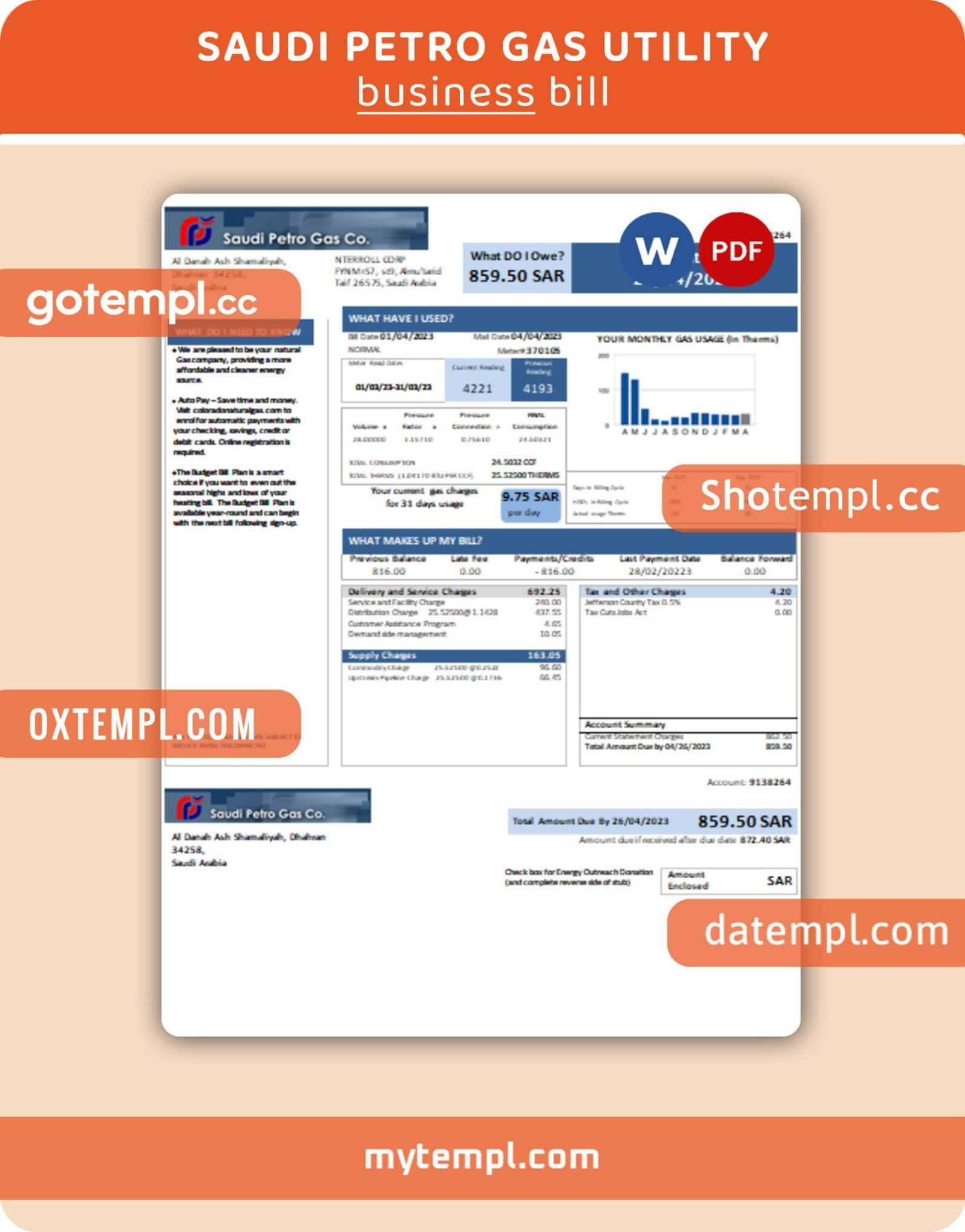 Saudi Petro Gas business utility bill, Word and PDF template
