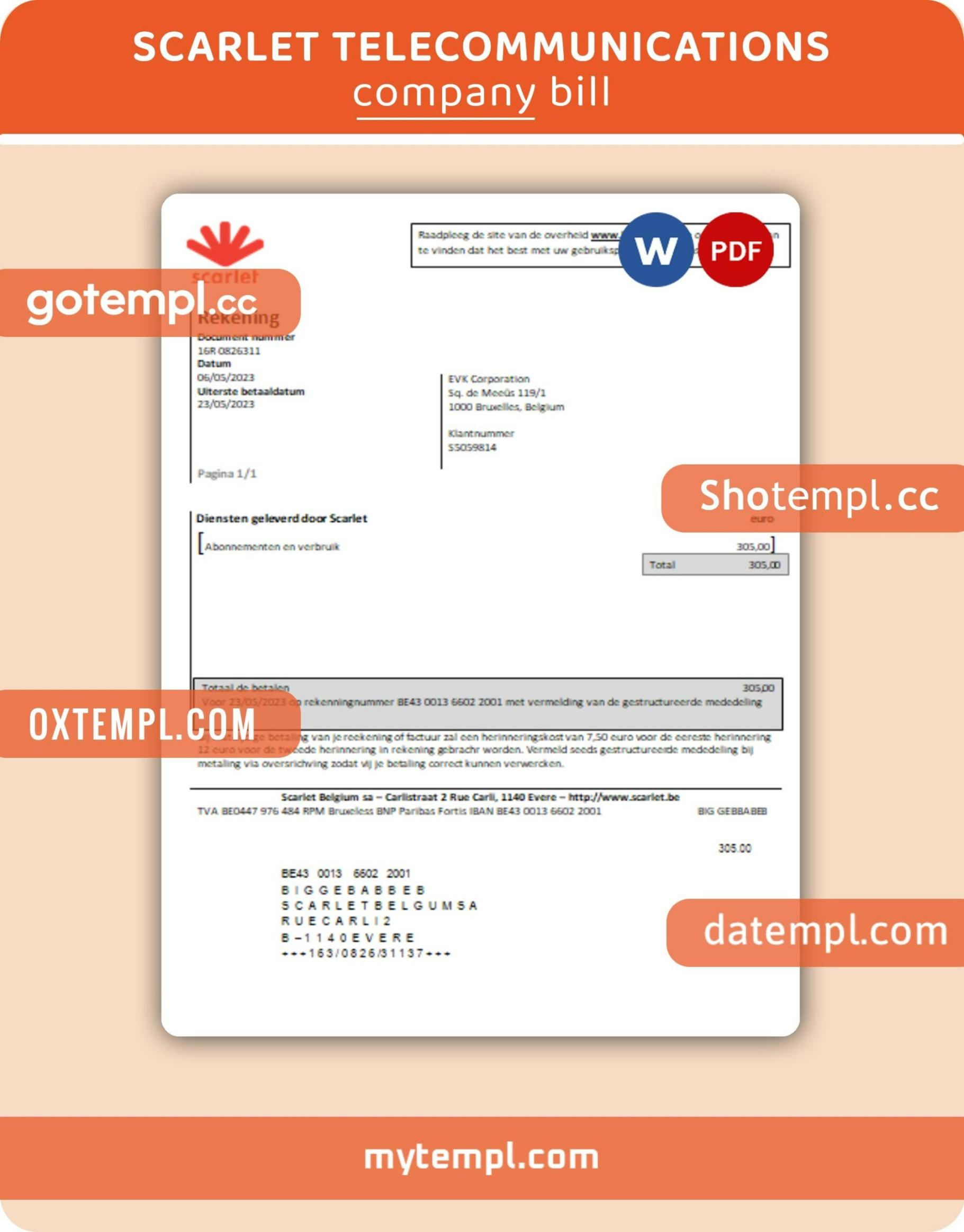 Scarlet telecommunications business utility bill, PDF and WORD template