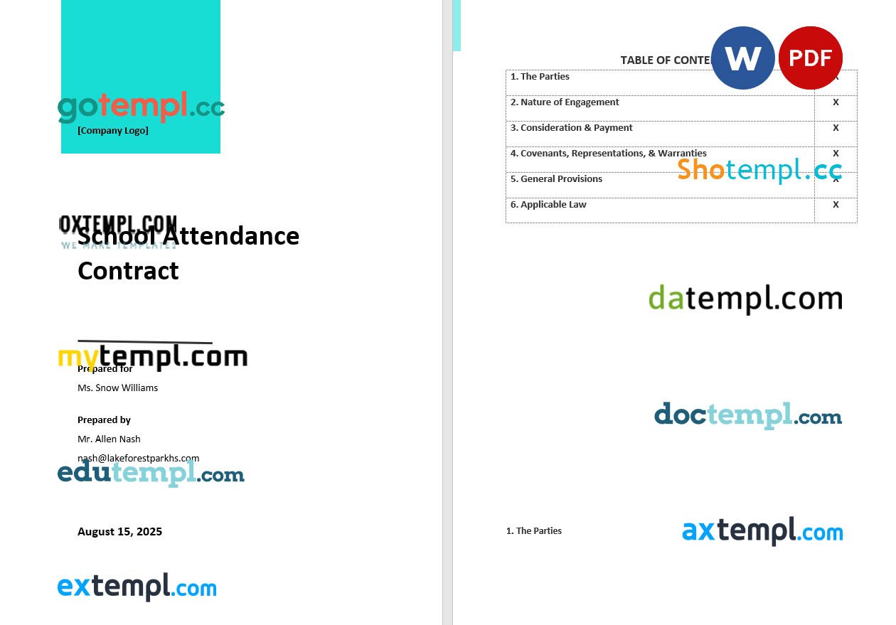 free school attendance contract template, Word and PDF format