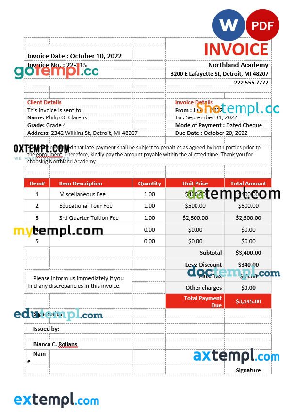 School Fees Invoice template in word and pdf format – gotempl.cc