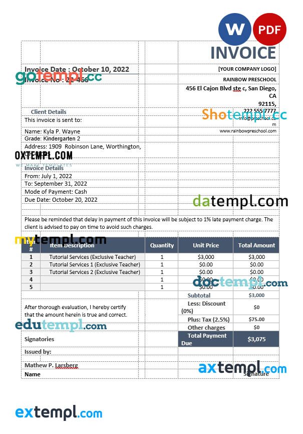School Teacher Invoice template in word and pdf format