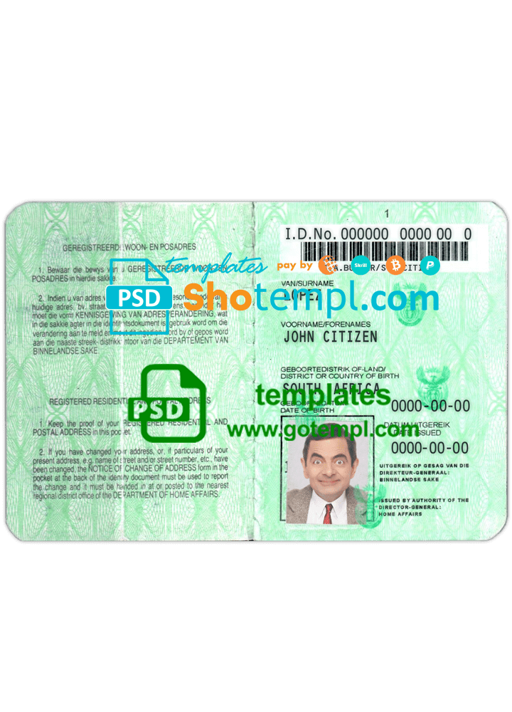 South Africa ID template in PSD format, fully editable (1986 – 2013)