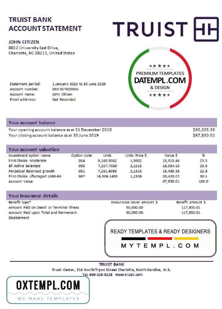 USA Truist bank proof of address statement template in Word and PDF format