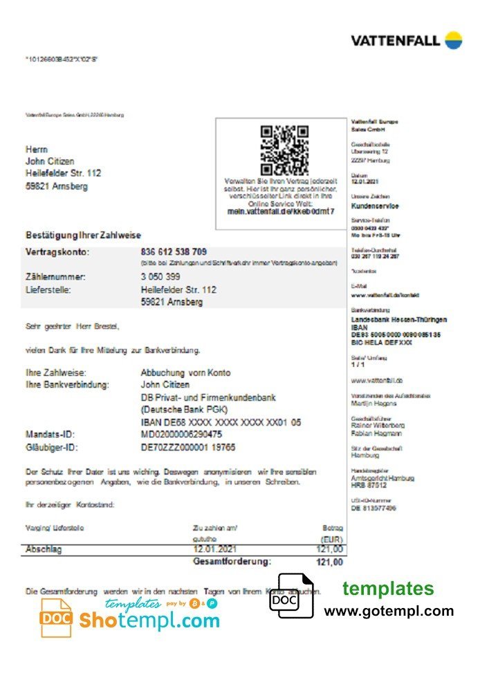Germany VATTENFALL utility bill template in Word and PDF format (in ...