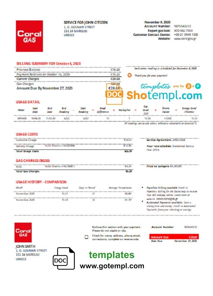 Greece CORAL GAS utility bill template in Word and PDF format