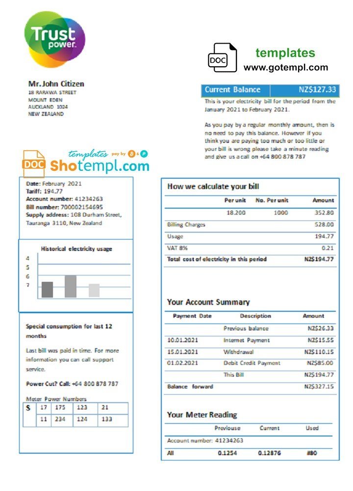 New Zealand Trustpower utility bill template in Word and PDF format – gotempl.cc