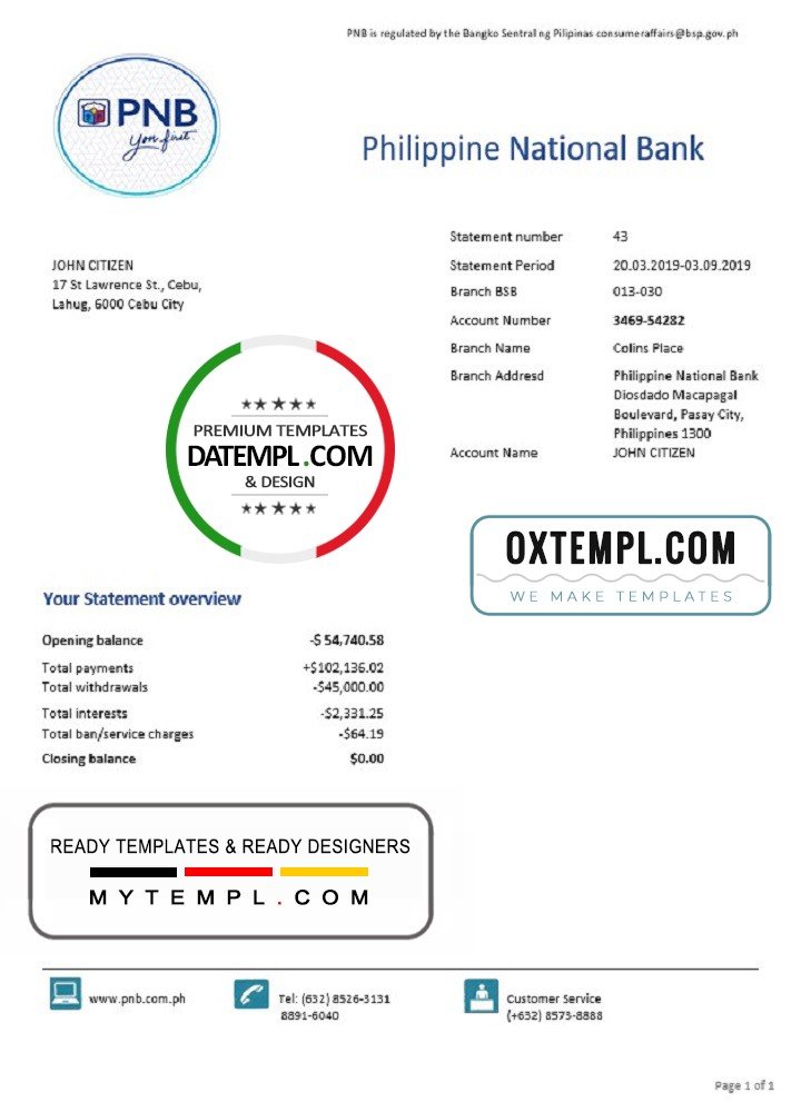 Philippines National Bank (PNB) proof of address bank statement ...