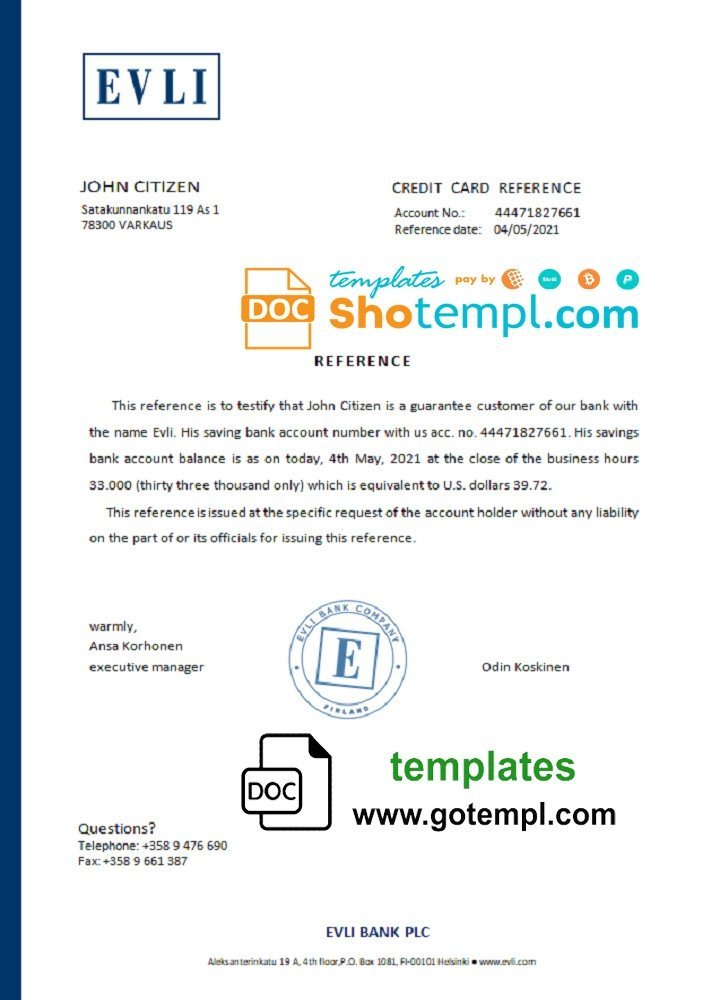 Finland Evli bank reference letter template in Word and PDF format