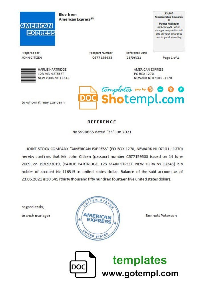 USA American Express bank account balance reference letter template in ...