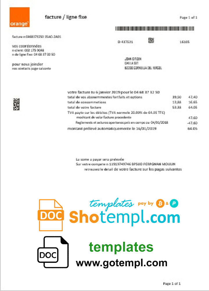 France Orange utility bill template in Word and PDF format