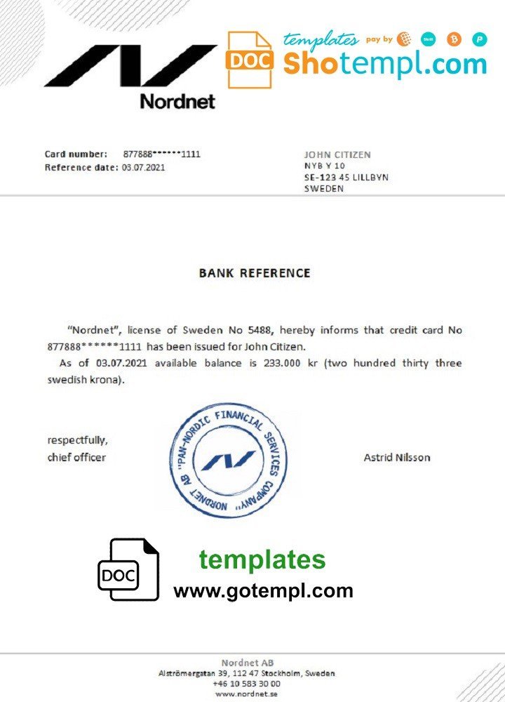 Sweden Nordnet bank reference letter template in Word and PDF format
