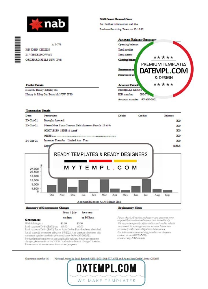 USA NAB Bank statement template in .xls and .pdf file format