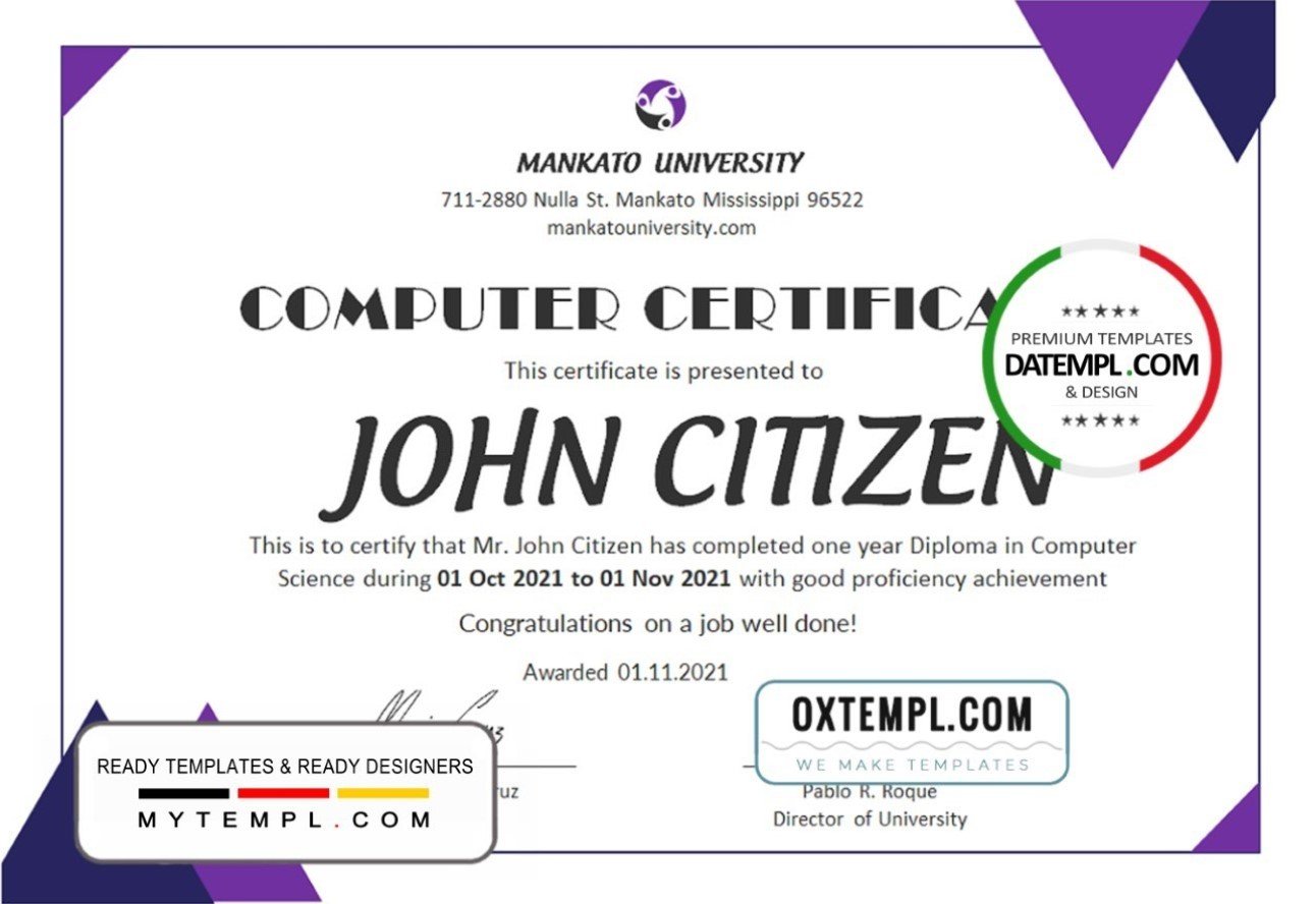 USA Computer Diploma Certificate template in Word and PDF format