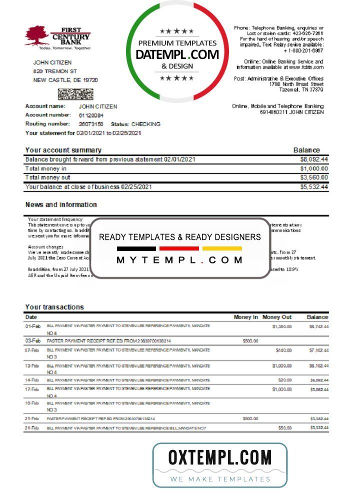 USA First Century Bank statement easy to fill template in Excel and PDF ...