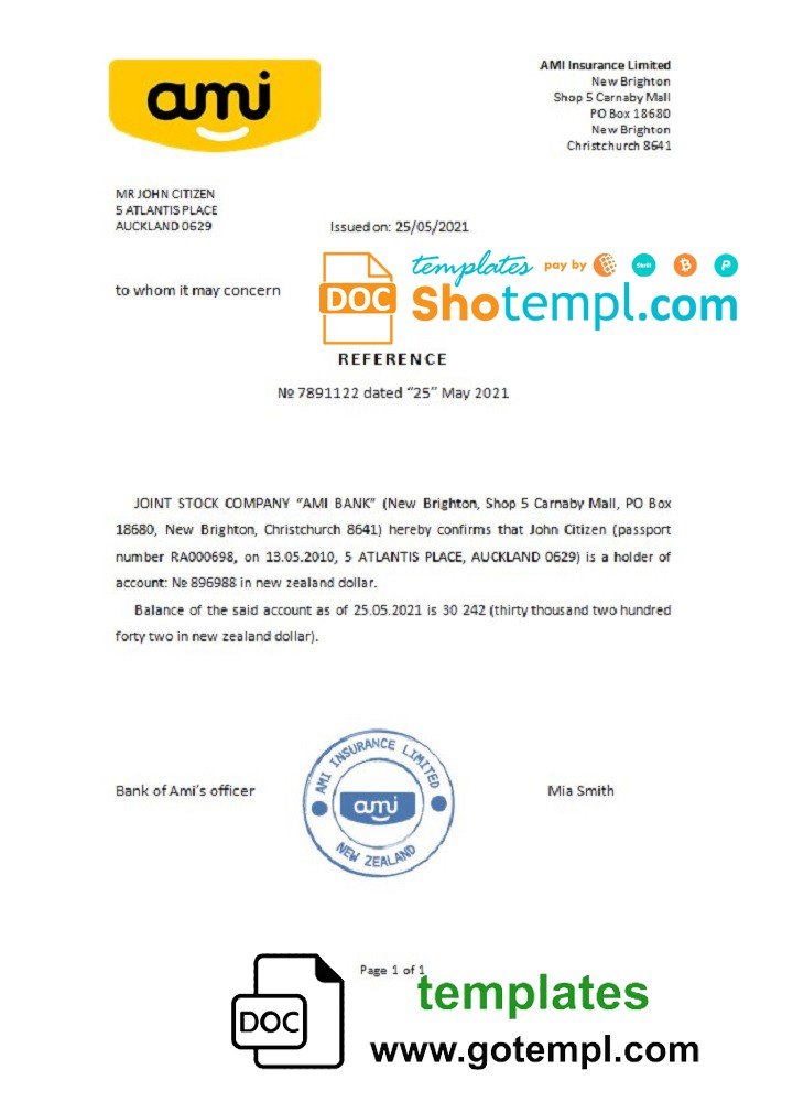New Zealand Ami bank account reference letter template in Word and PDF ...