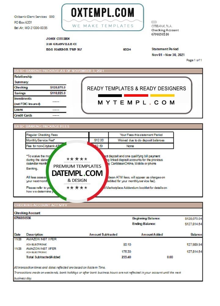 USA City Bank statement easy to fill template in .xls and .pdf file format
