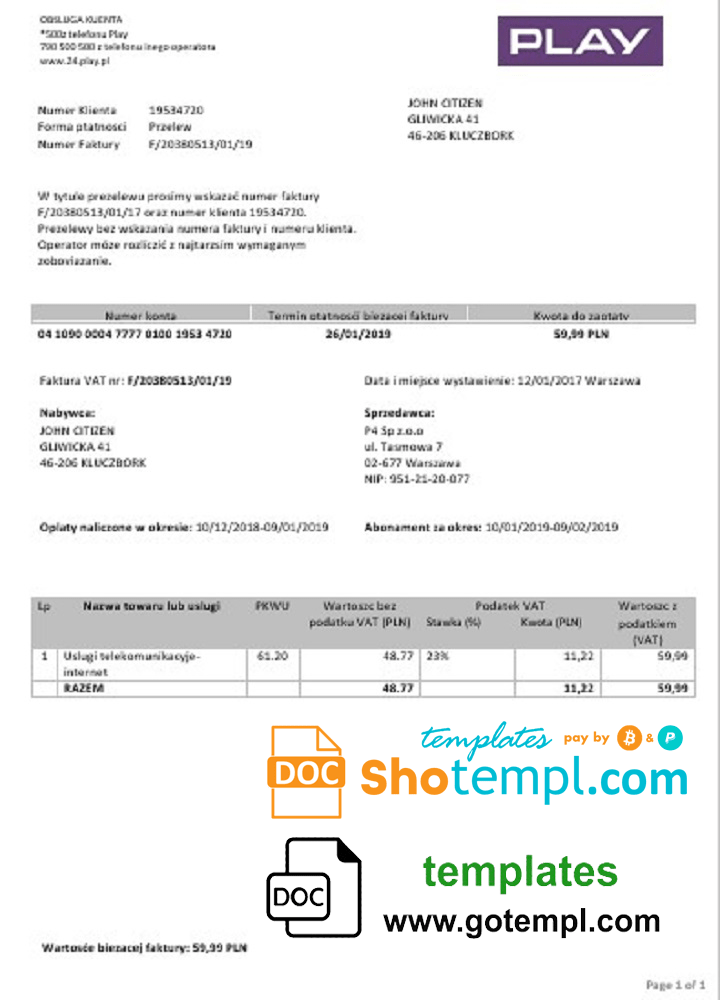 Poland Play utility bill template in Word and PDF format