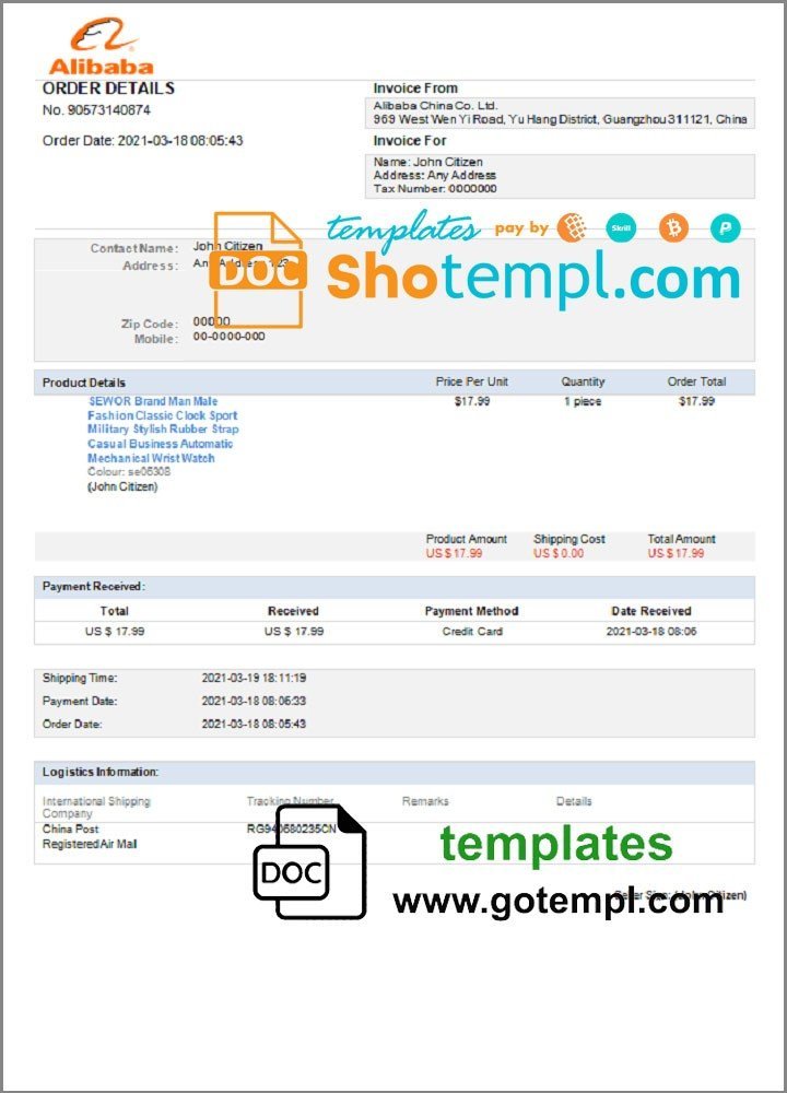 USA Alibaba invoice template in Word and PDF format, fully editable