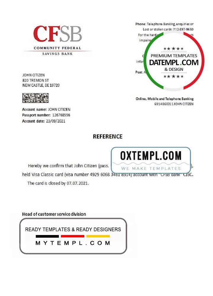 USA CFSB bank account closure reference letter template in Word and PDF ...