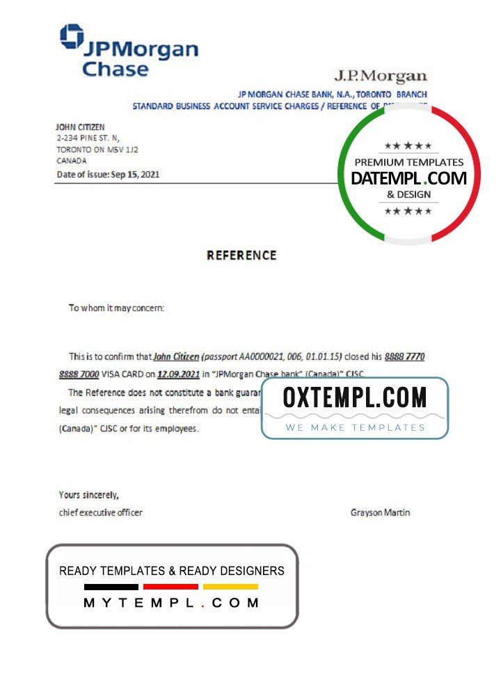 Canada JPMorgan Chase bank account closure reference letter template in ...