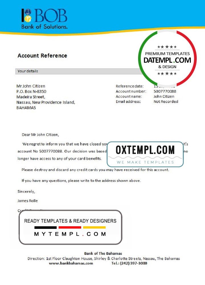 The Bahamas Bank of The Bahamas bank account closure reference letter ...