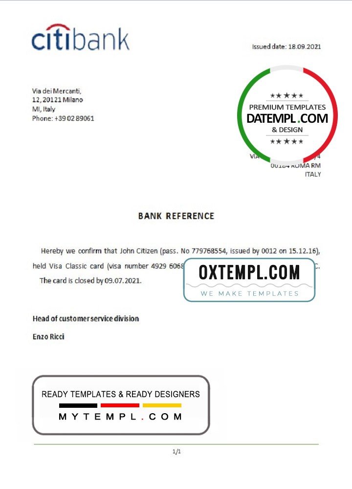 Italy Citibank bank account closure reference letter template in Word ...