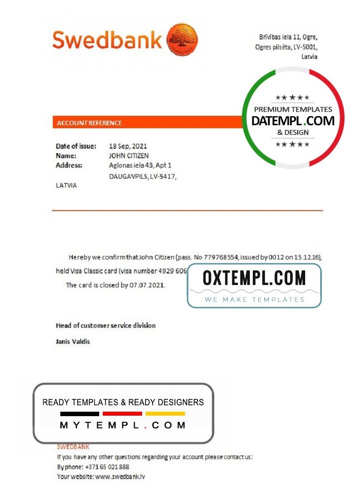 Latvia Swedbank bank account closure reference letter template in Word and PDF format