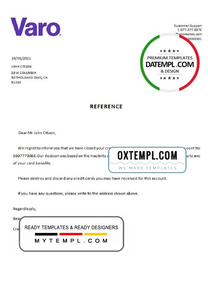 USA Varo bank account closure reference letter template in Word and PDF ...
