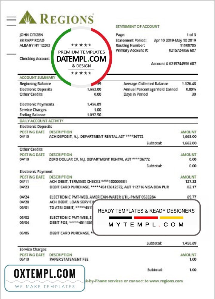 USA Regions bank proof of address statement template in Word and PDF format