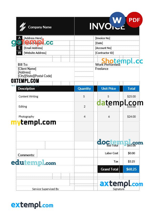 Self Employment Contractor Invoice template in word and pdf format