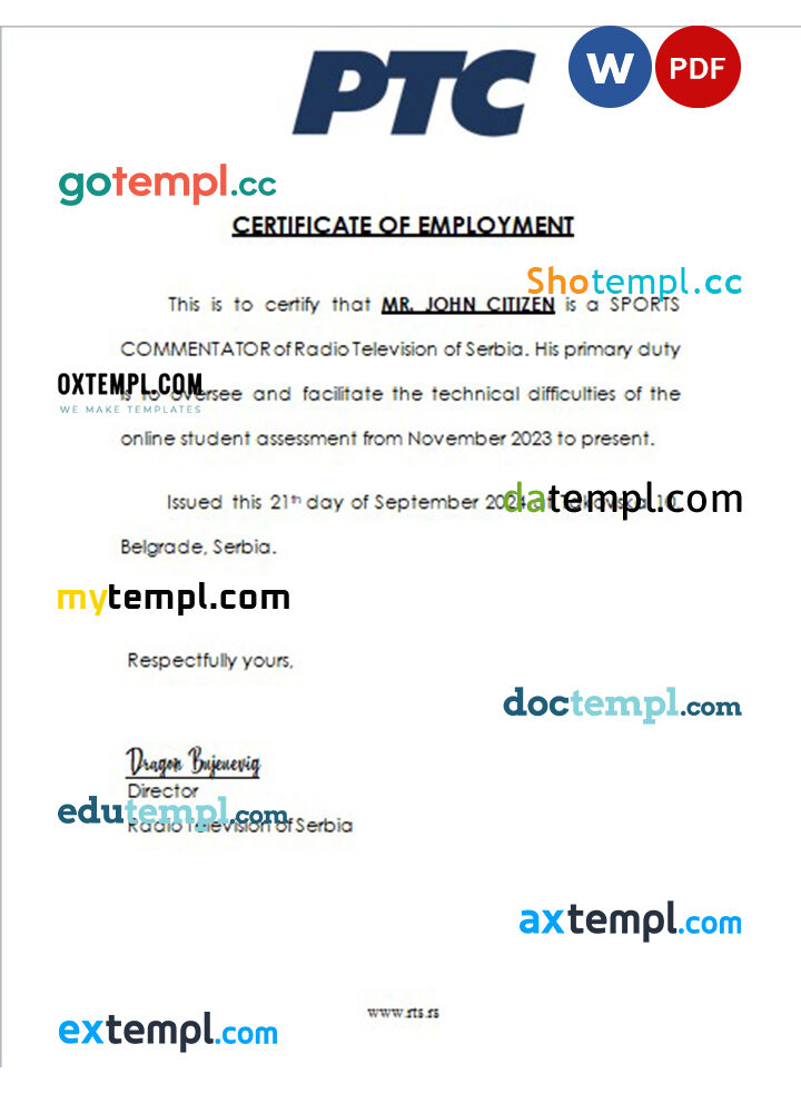 Serbia Radio Television certificate of employment Word and PDF download ...