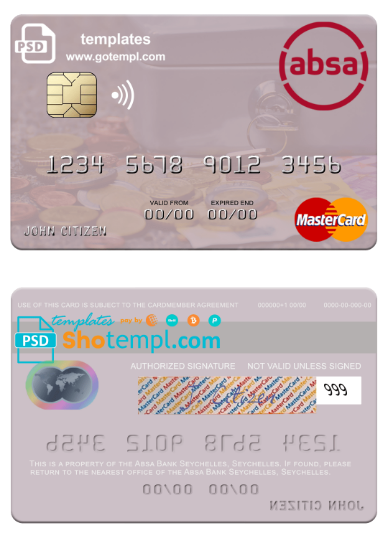 Seychelles Absa Bank Seychelles mastercard template in PSD format