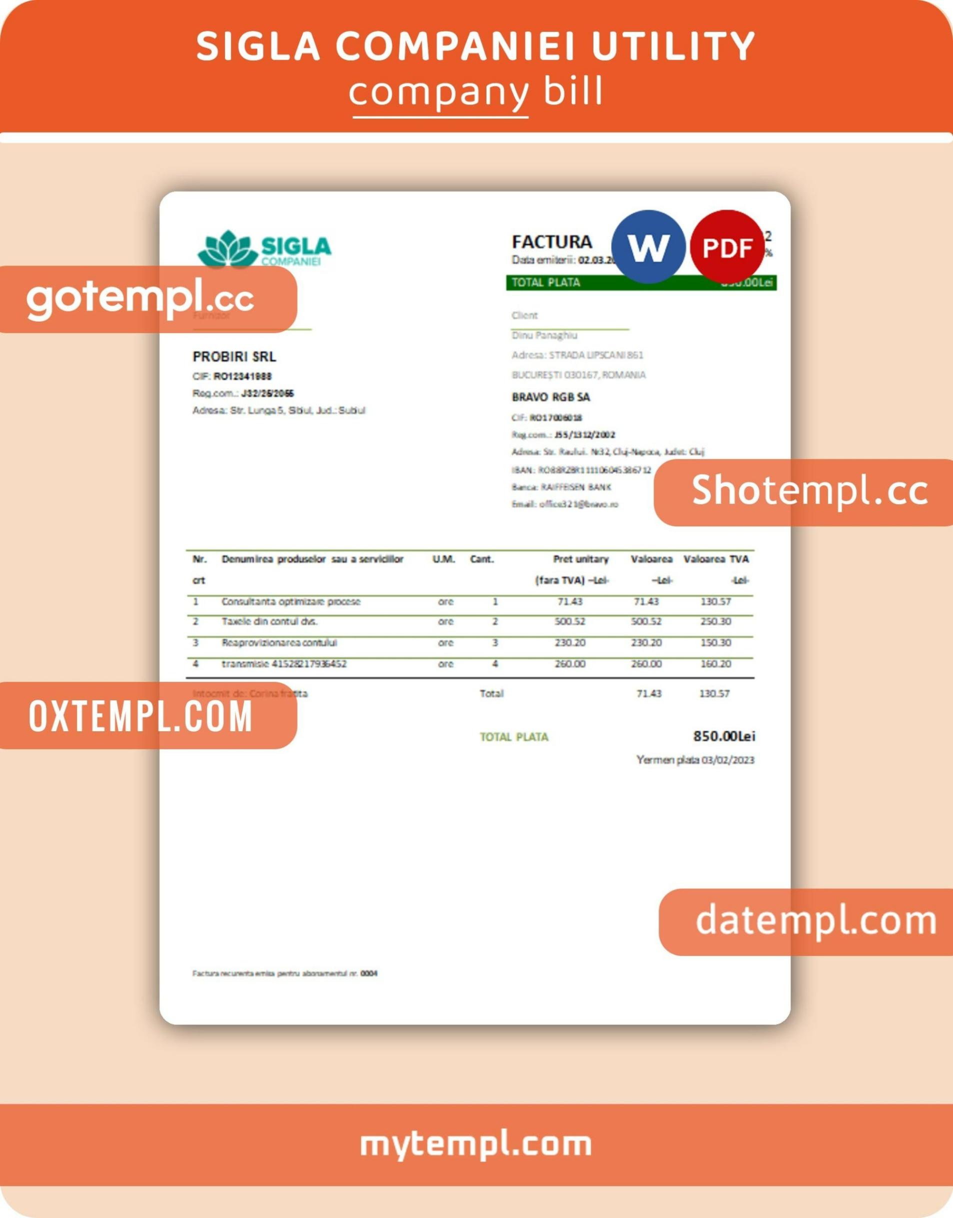 Sigla Companiei business utility bill, Word and PDF template