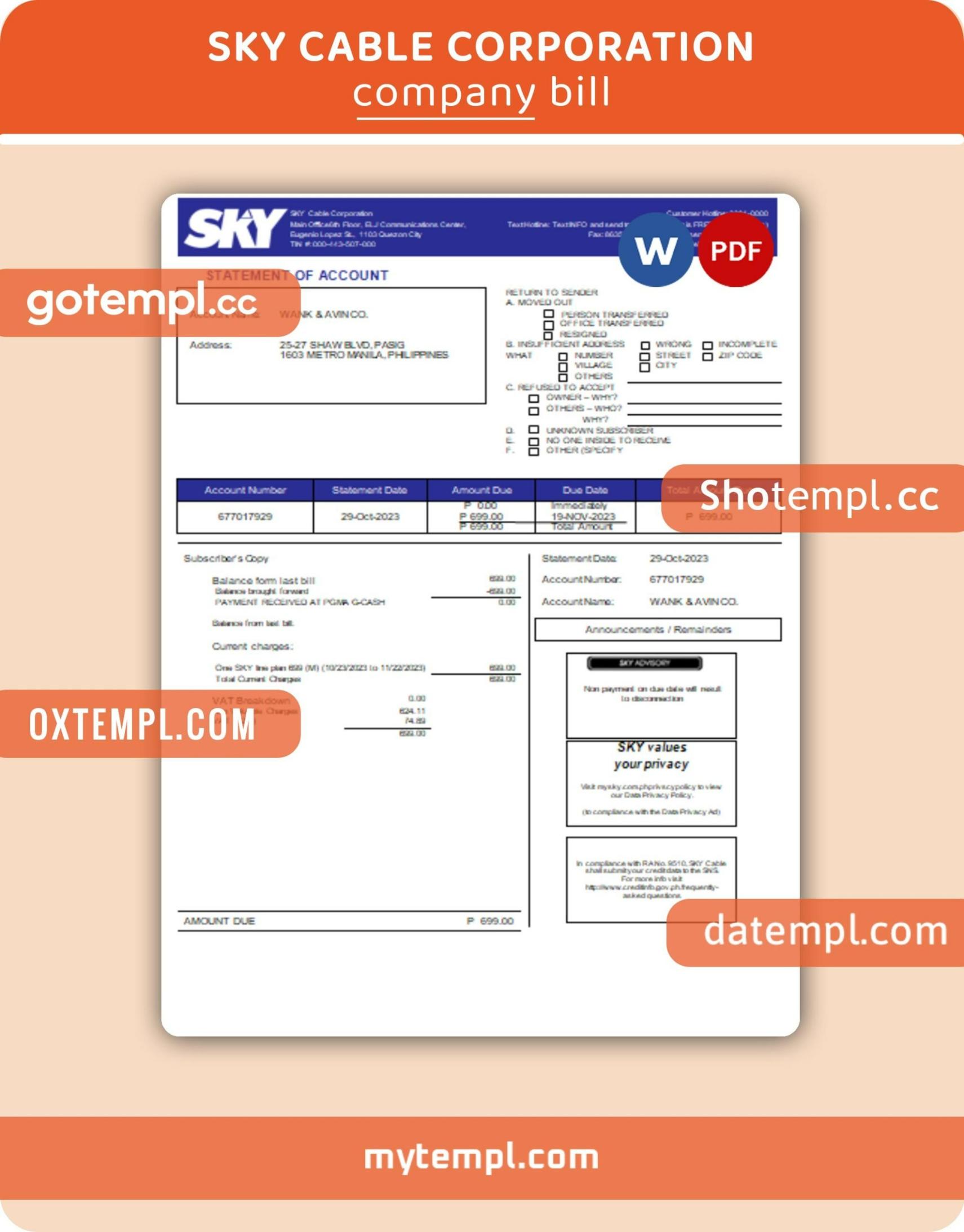 Sky Cable Corporation business utility bill, PDF and WORD template