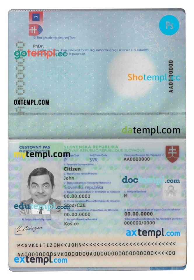 Slovakia passport editable PSDs, scan and photo-realistic snapshot, 2 in 1