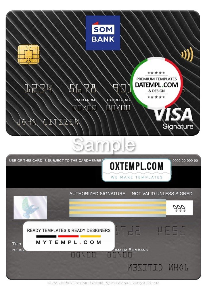Somalia Sombank visa signature card, fully editable template in PSD format