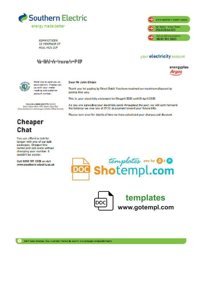 United Kingdom Southern Electric proof of address utility bill template ...