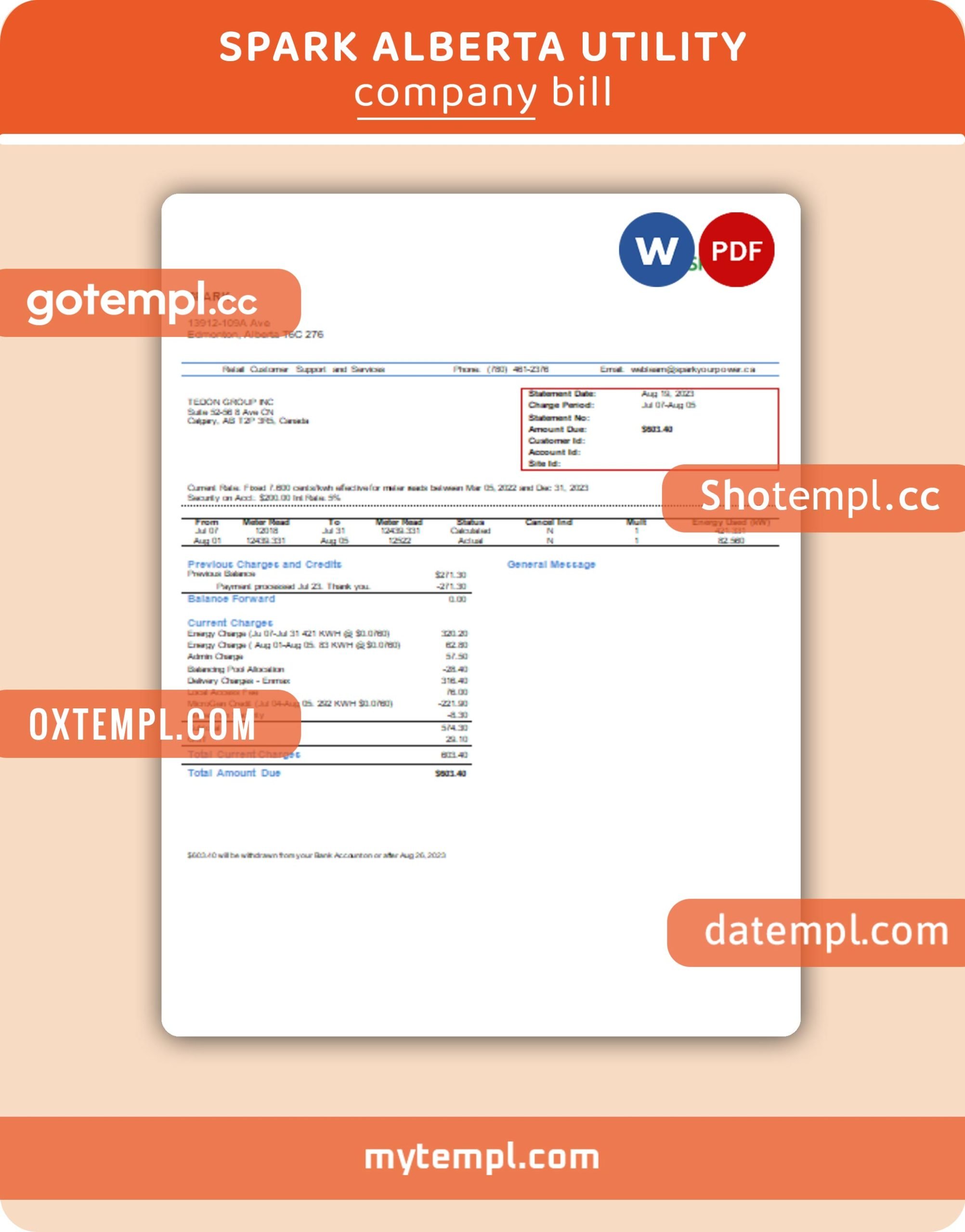 Spark Alberta business utility bill, Word and PDF template