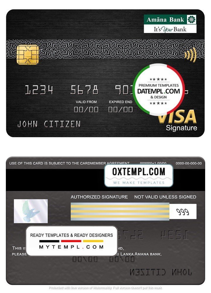 Sri Lanka Amana bank visa signature card, fully editable template in ...