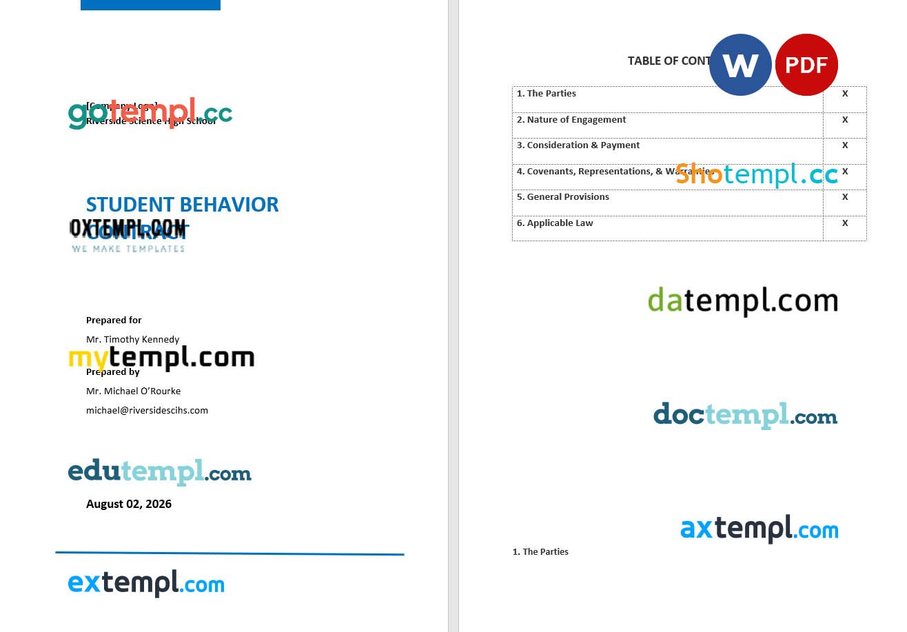 free student behavior contract template, Word and PDF format