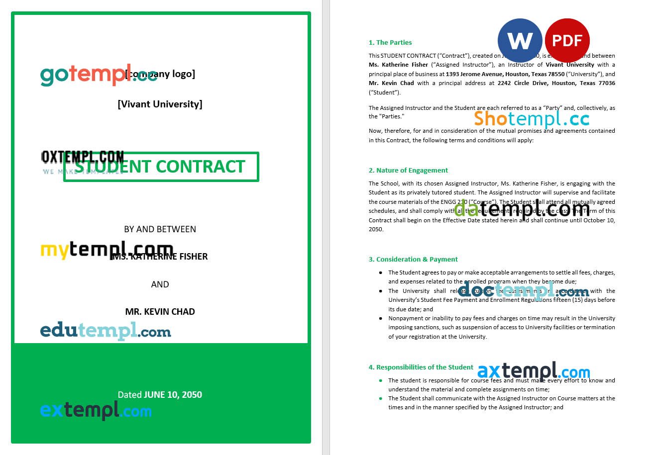 free student contract example template, Word and PDF format