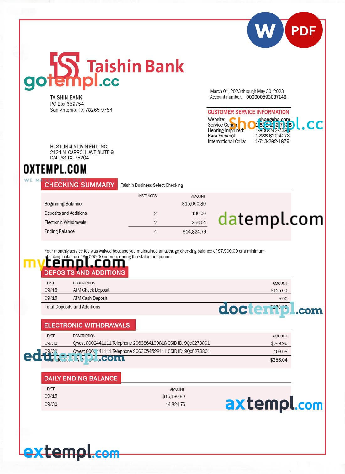 Taishin bank enterprise statement Word and PDF template
