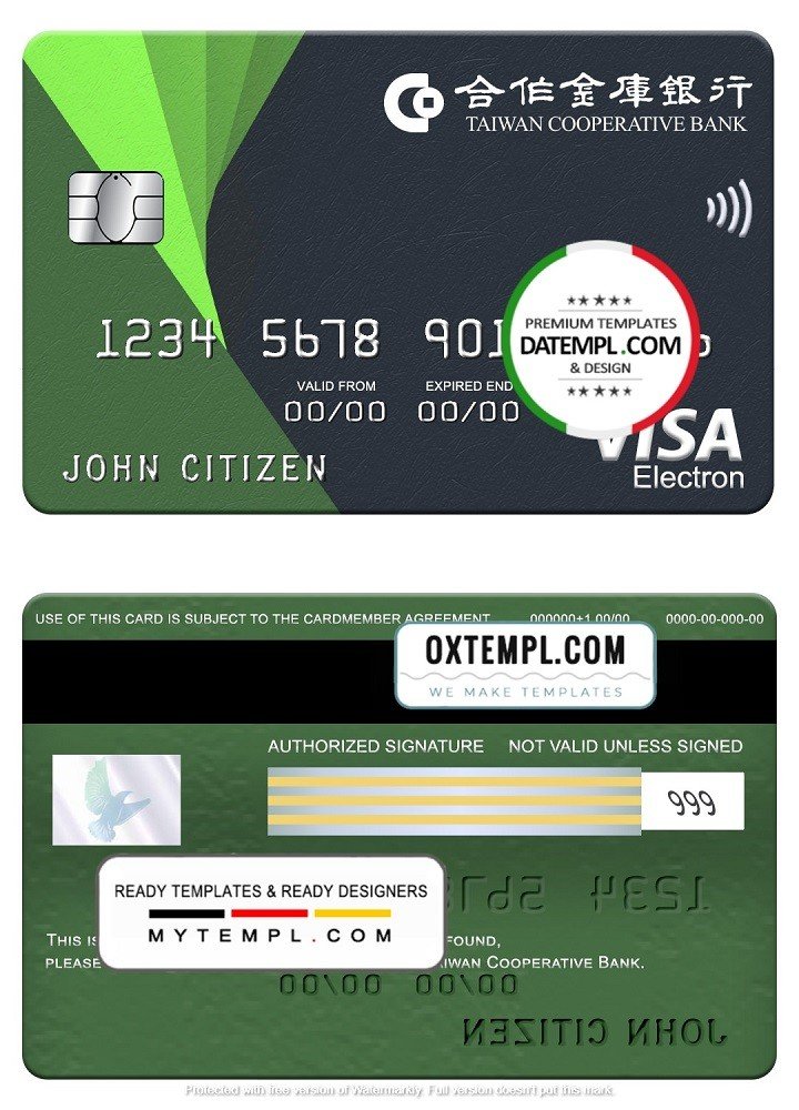 Taiwan Cooperative Bank visa electron card, fully editable template in ...